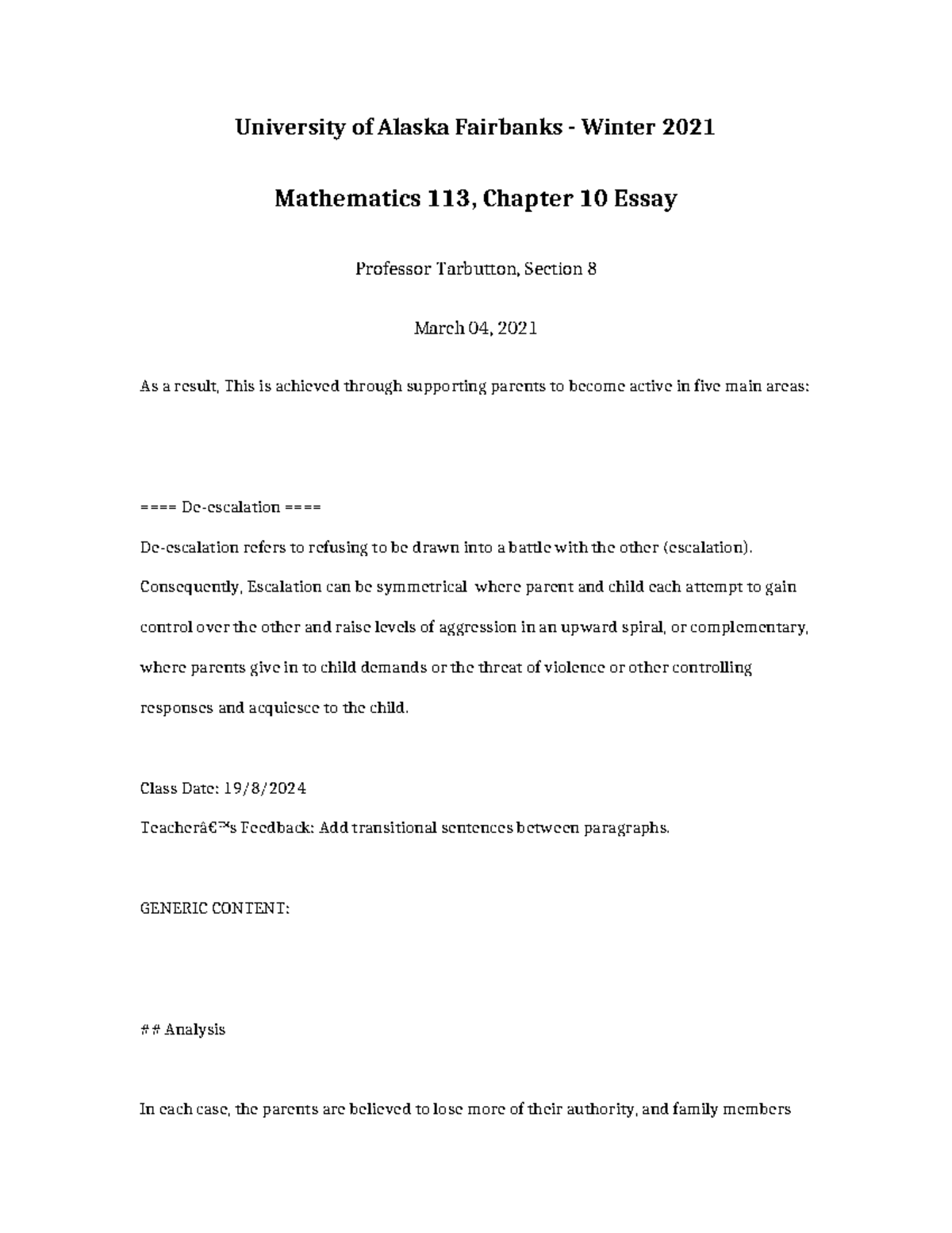 Mathematics 113 Winter 2021 Chapter 10 Essay Analysis and Findings ...