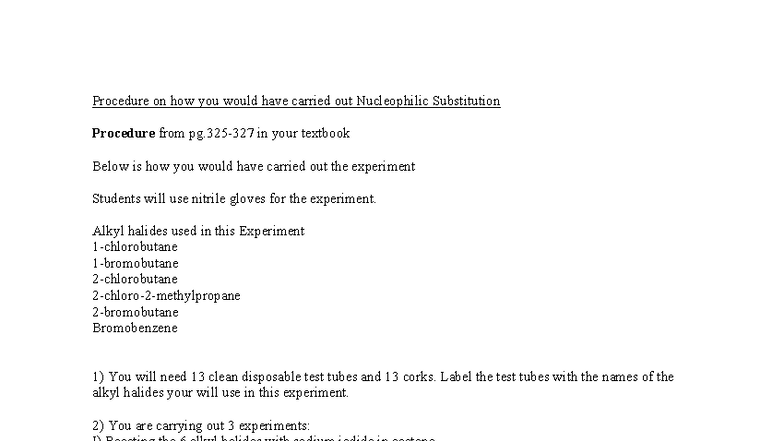 Nucleophilic Substitution Procedure (CHEM 101) - Experiment Guide - Studocu
