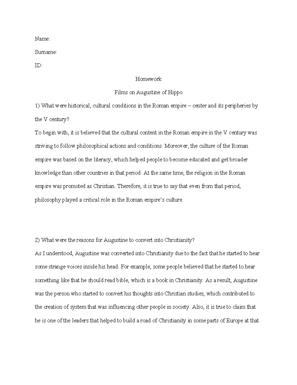 Medieval Philosophy HW: Augustine of Hippo and His Influence - Studocu