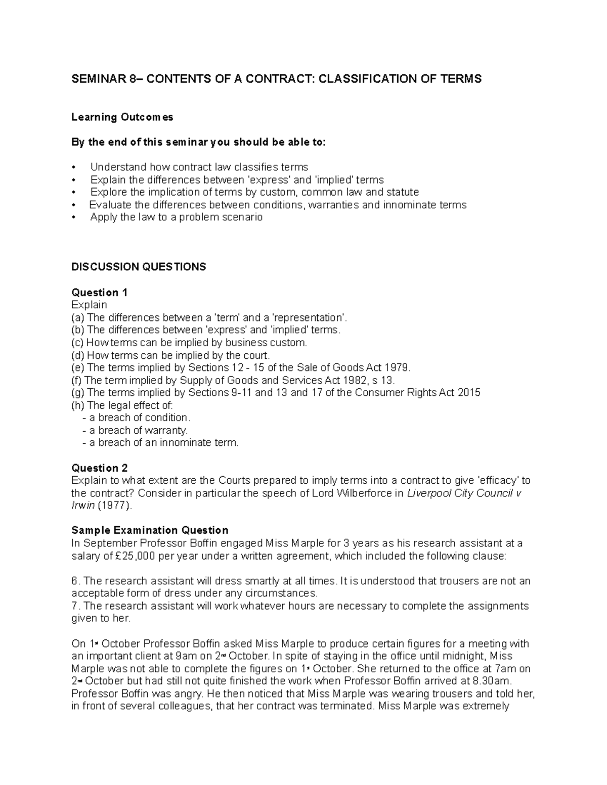 Contract Seminar 8: Understanding Terms and Implications in Contracts ...