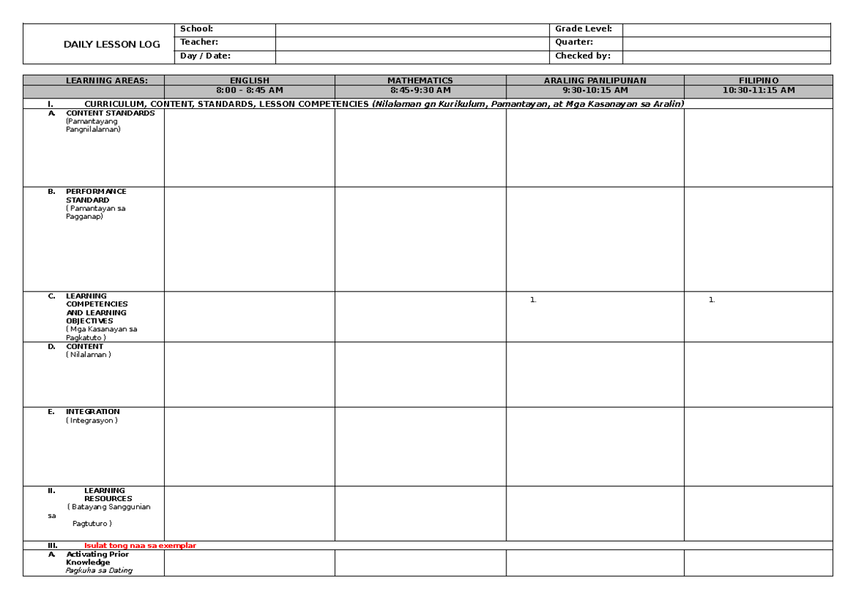 Daily Lesson LOG Blank Matatag Format - DAILY LESSON LOG School: Grade ...