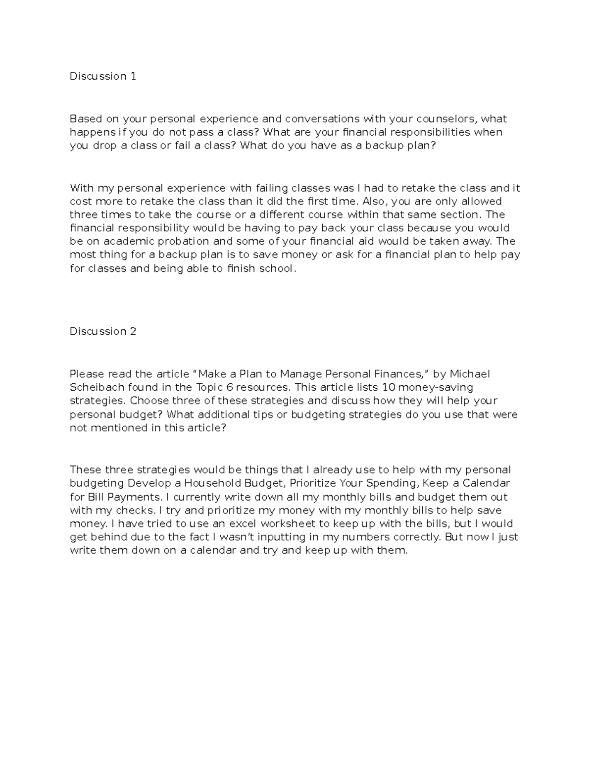 Week 6 Discussions on Class Failure & Financial Management Strategies ...