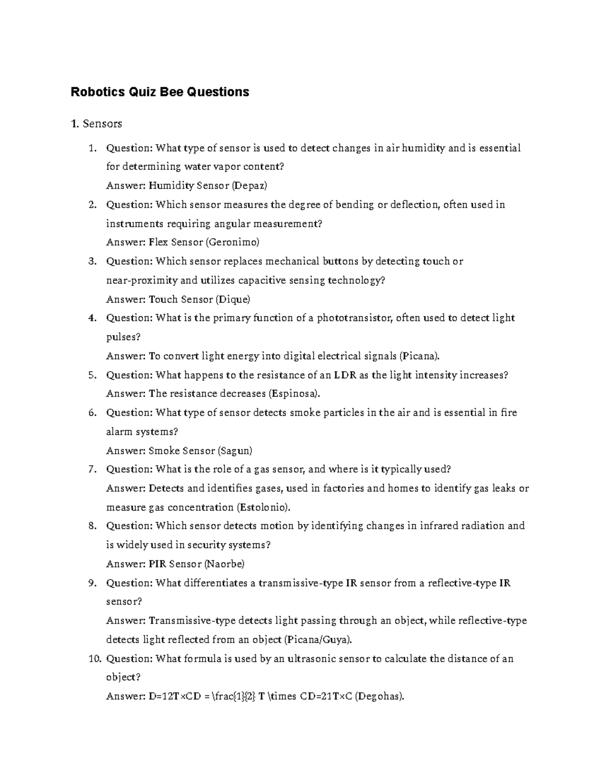 Robotics Quiz Bee Practice Questions & Answers (RBT 101) - Studocu