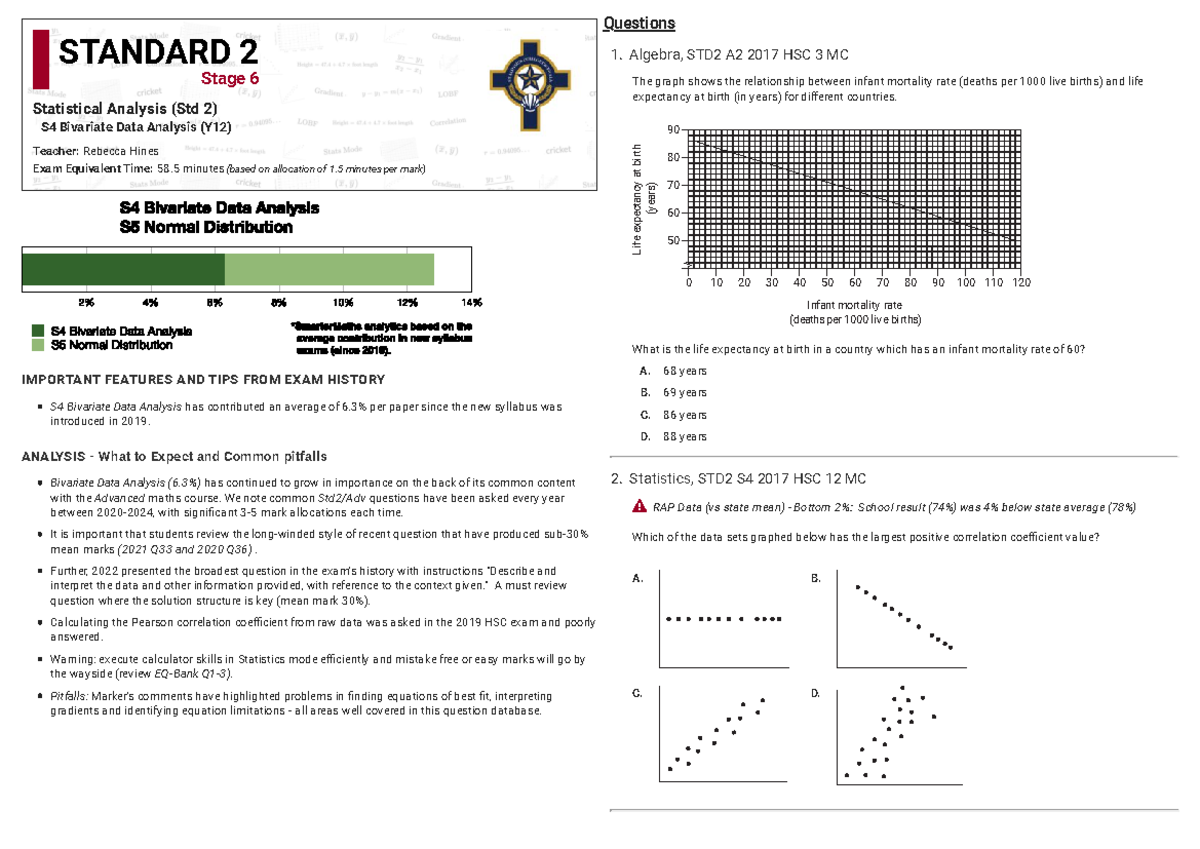 Bivariate Data Analysis Practice Questions - STD2 S4 - Studocu