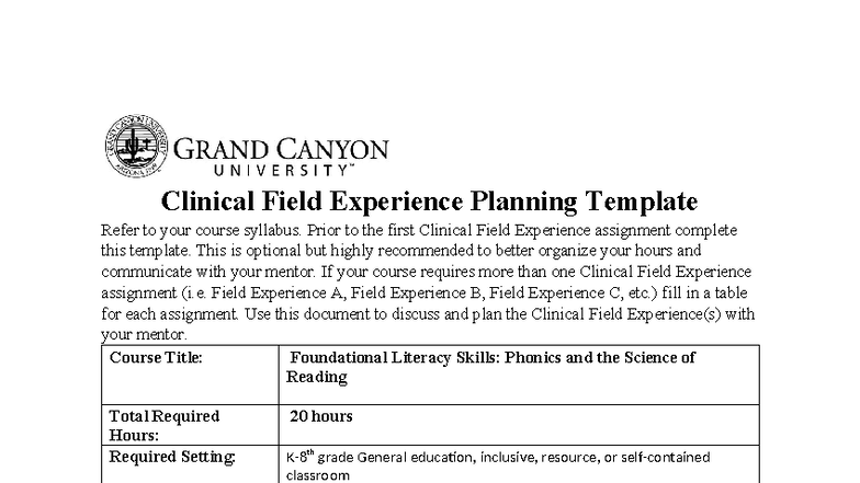 Clinical Field Experience Planning Template: Foundational Literacy ...
