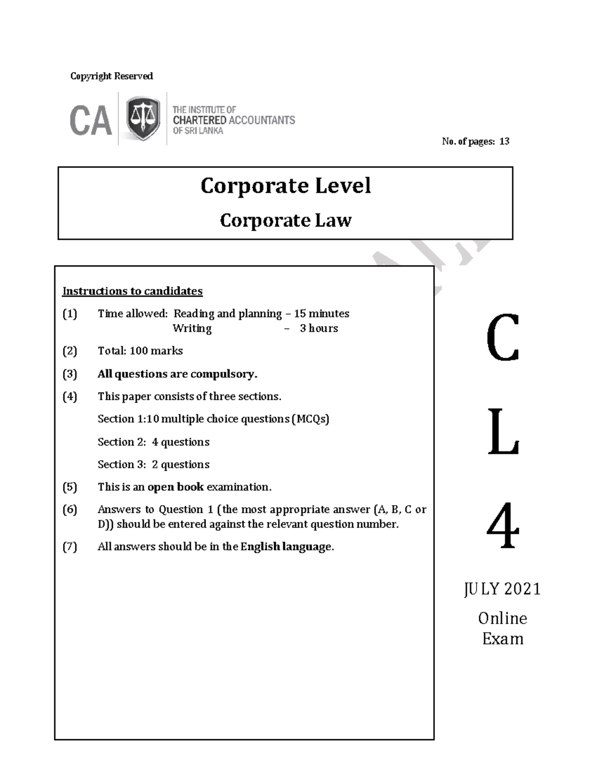 LAW - 2021 July - CL1 Corporate Law Exam Paper Analysis and Questions ...