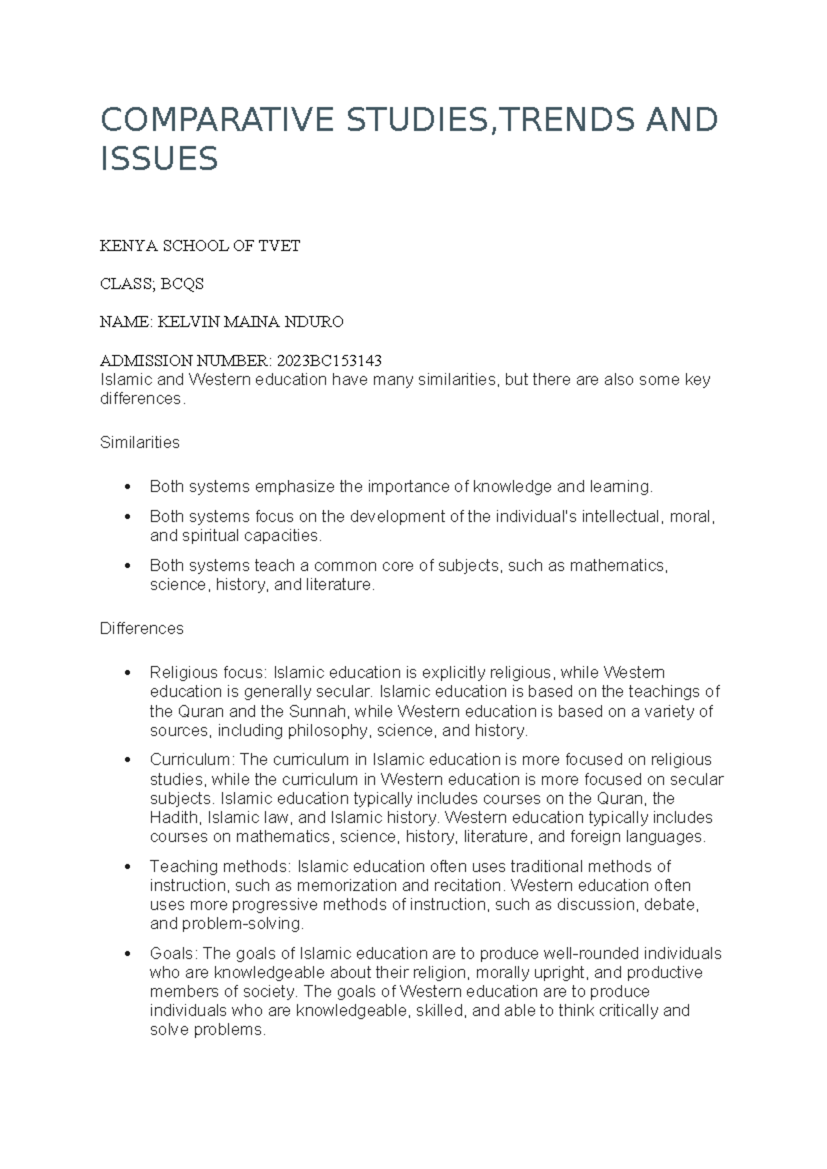 Comparative Study of Islamic and Western Education - BCQS 2023 - Studocu