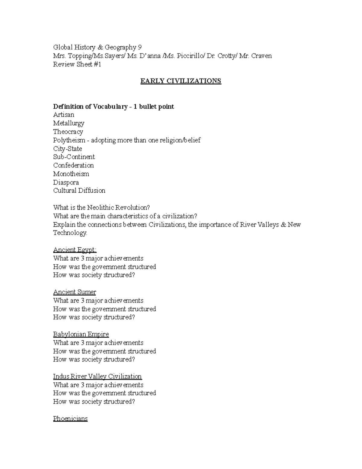 Global History & Geography 9: Early Civilizations Review Sheet - Studocu