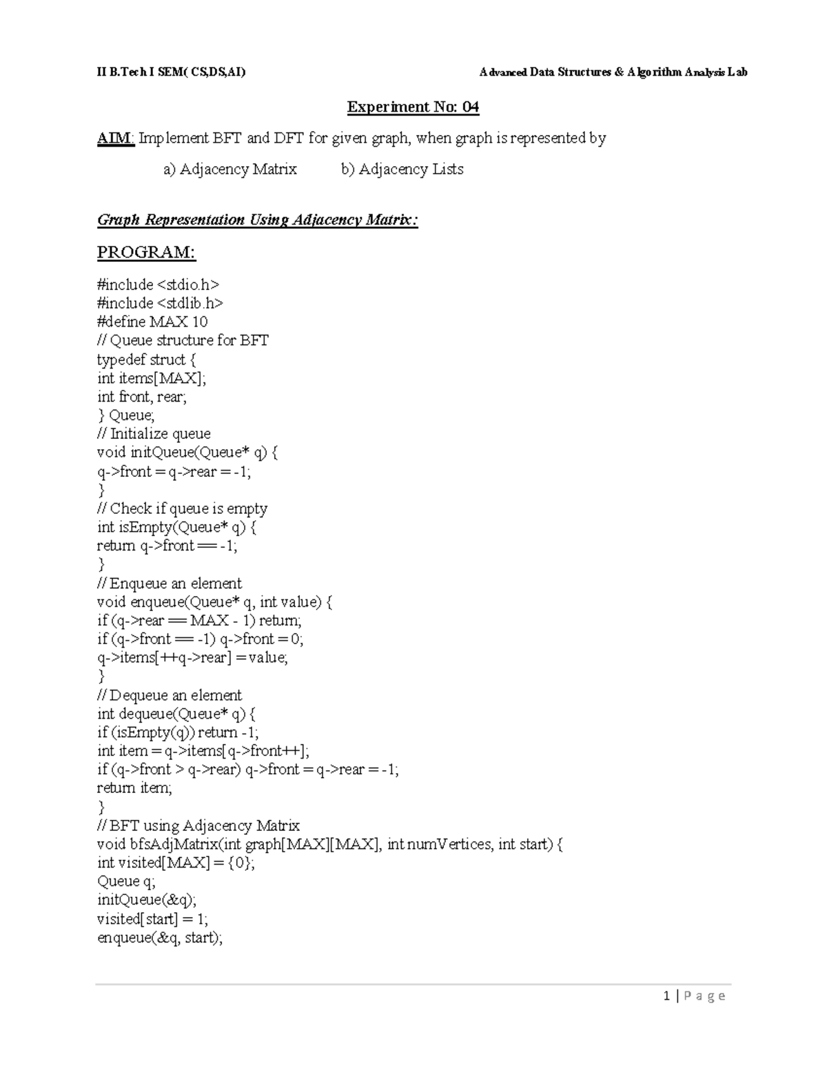 II B.Tech I SEM (CS,DS,AI) Advanced Data Structures Lab Experiments 4 ...