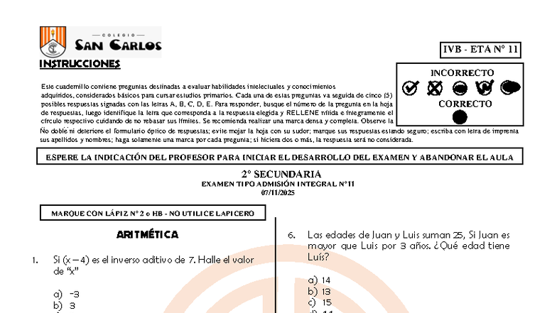 ETA 11 - 2° SEC - Examen de Admisión Integral - Studocu