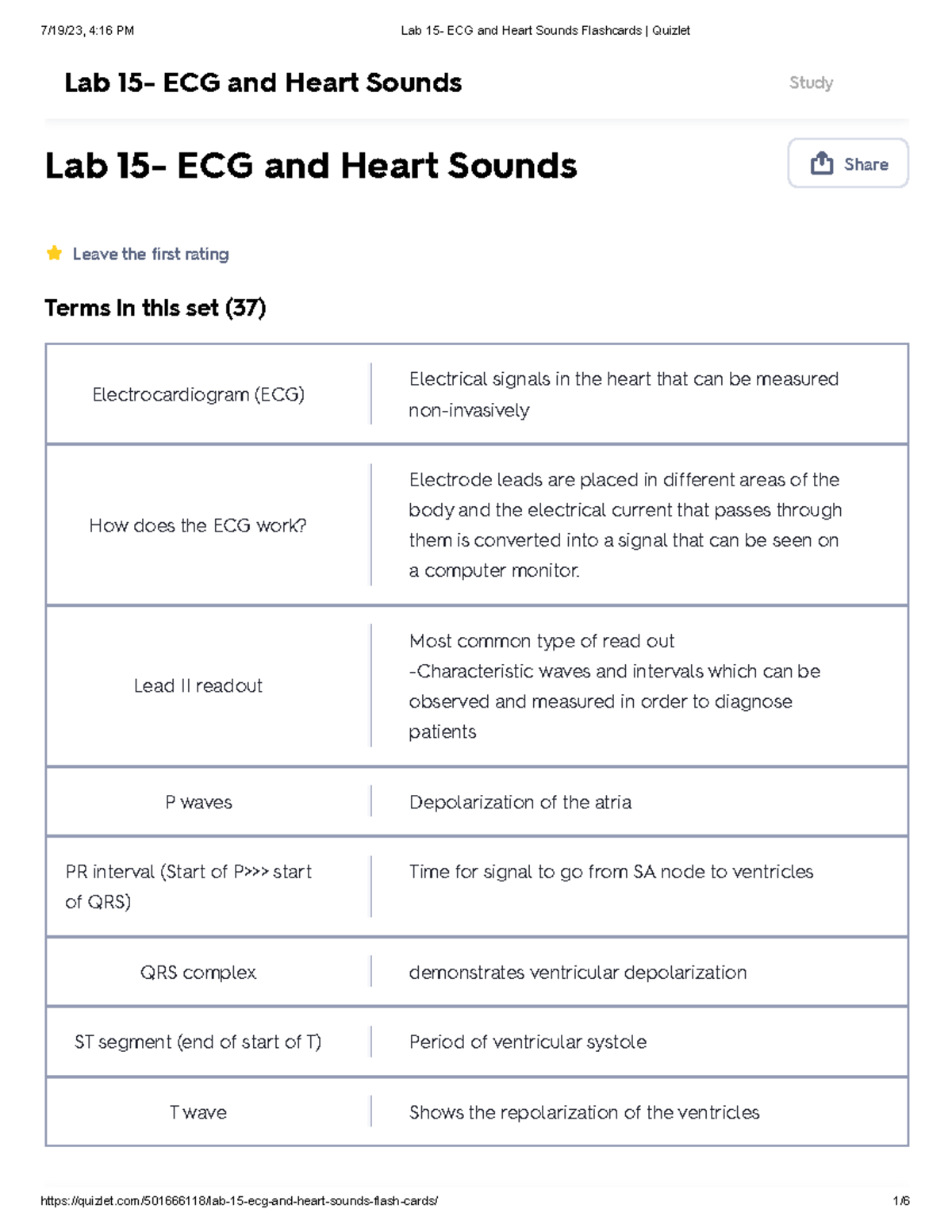 Lab 15 - ECG and Heart Sounds Flashcards Study Guide - Studocu
