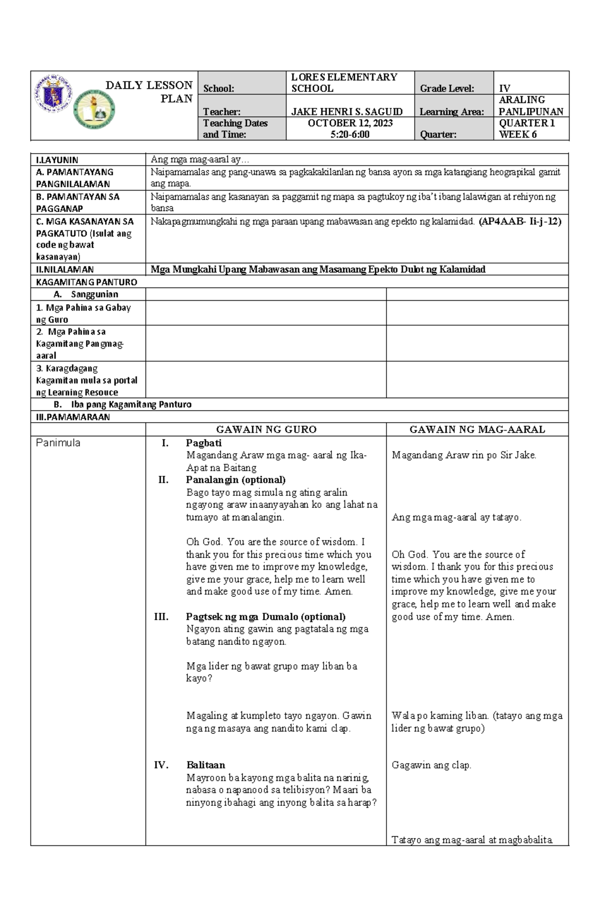 680025503 Daily Lesson Plan in AP4 Q1 Week 6 - Studocu