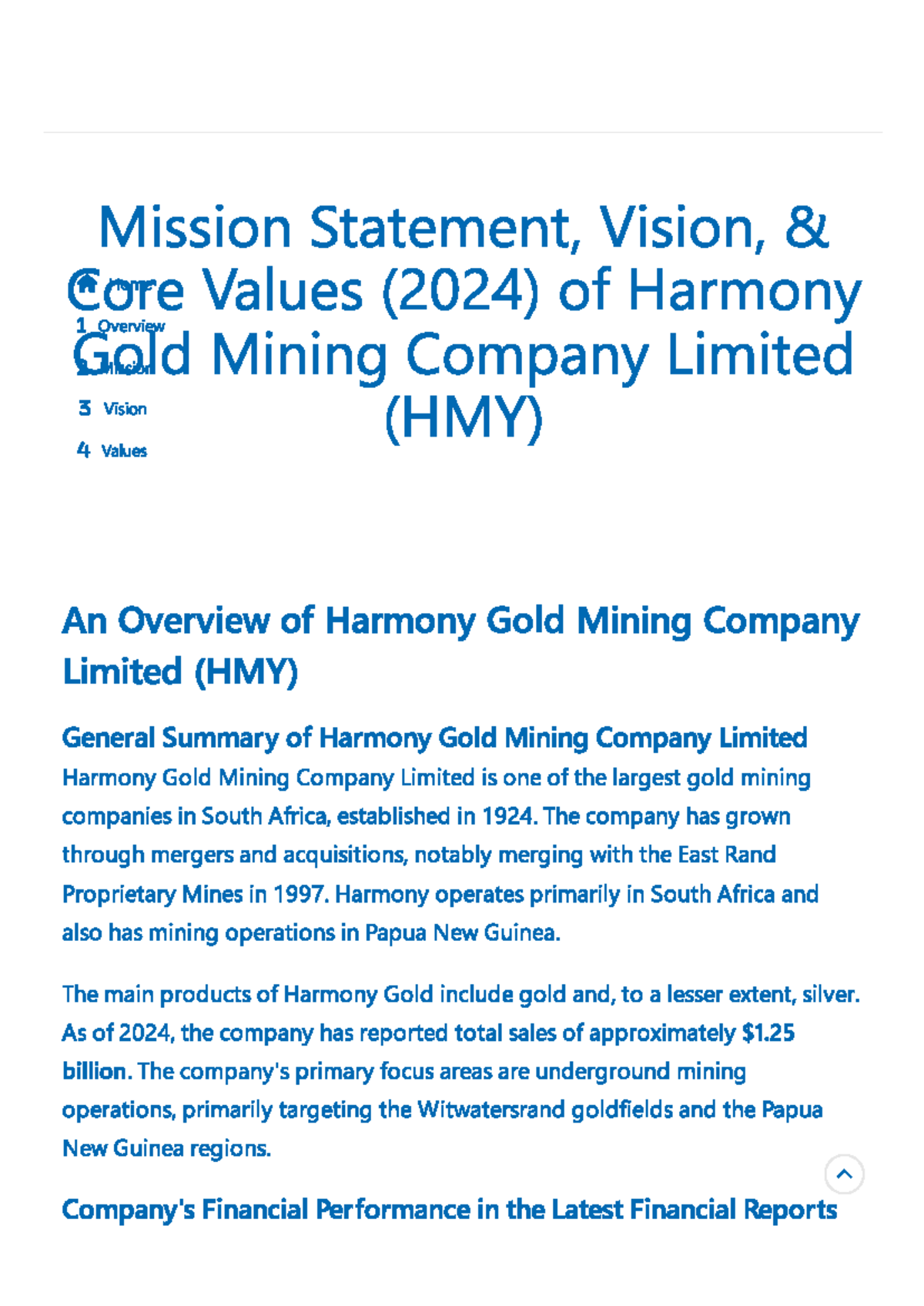 Harmony Gold Mining Co. Ltd. (HMY) - Mission, Vision & Core Values 2024 ...