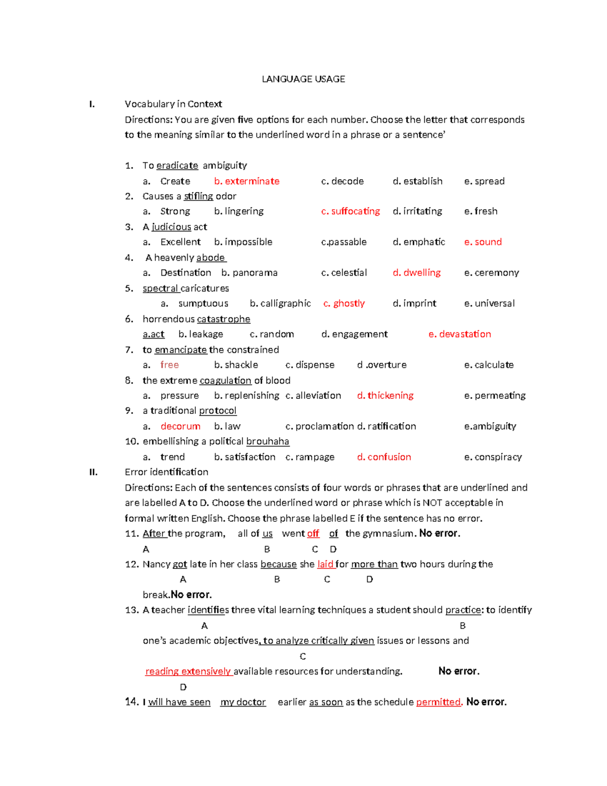 Mock Exam - SASE Review: Language Usage Answer Key & Exercises - Studocu