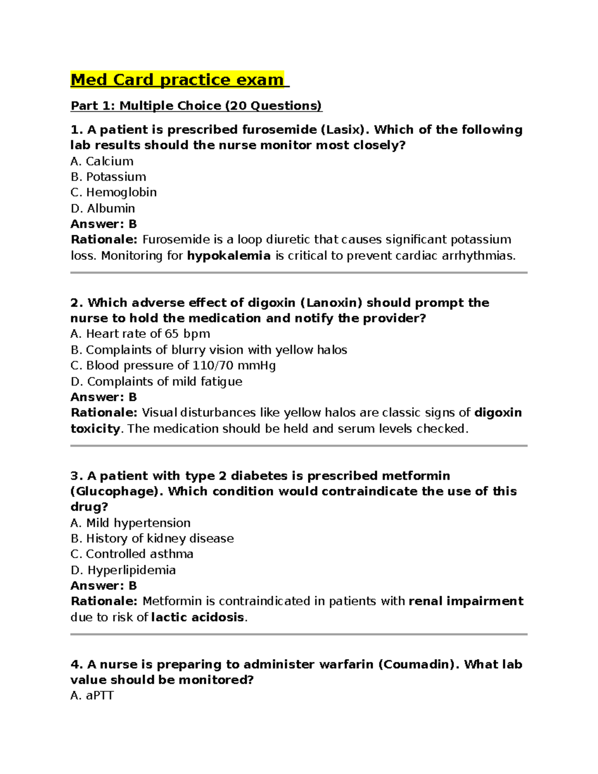 Med Card Practice Exam: Multiple Choice Questions (Part 1) - Studocu