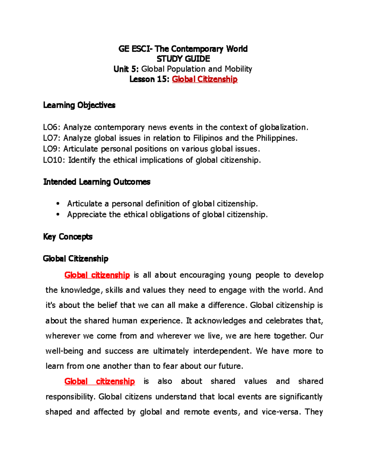 Lesson 15: Understanding Global Citizenship in GE ESCI - Studocu