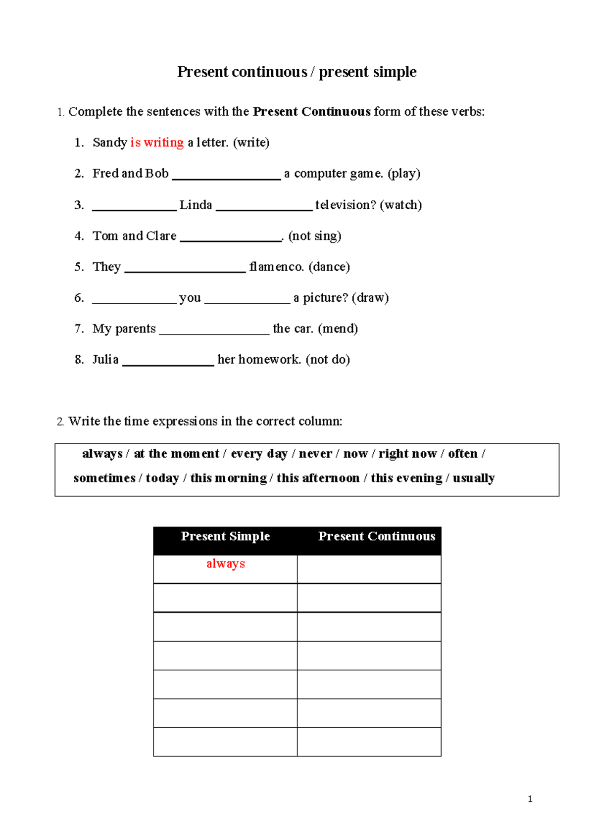 Present Simple vs Present Continuous: Exercises and Time Expressions ...
