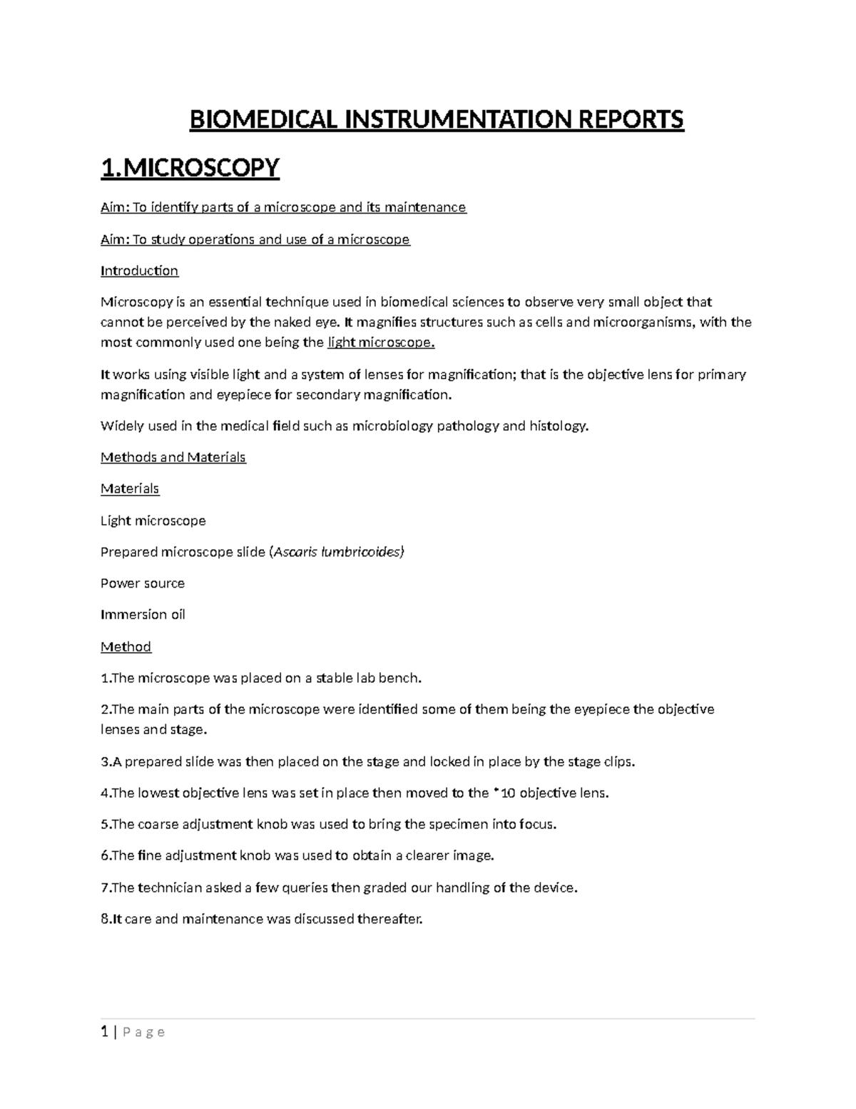 BIOMEDICAL INSTRUMENTATION REPORT: MICROSCOPE STUDY & MAINTENANCE - Studocu