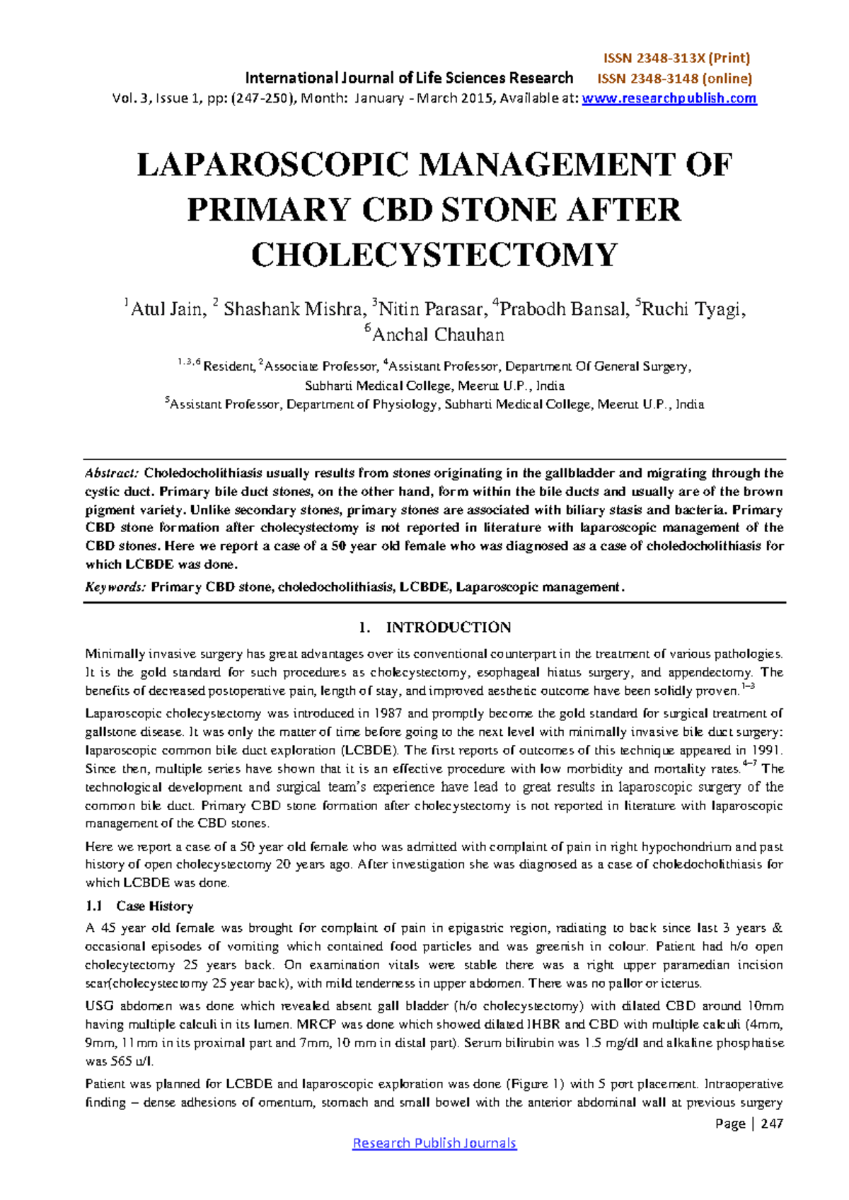 Laparoscopic Management of Primary CBD Stones: A Case Study CBD-1286 ...