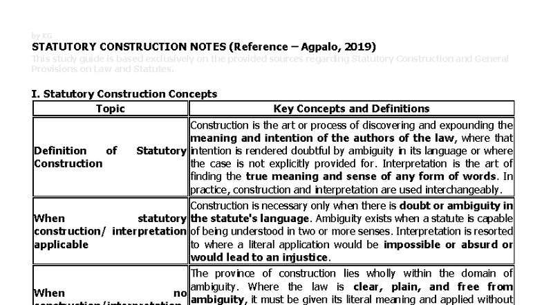KG STATUTORY CONSTRUCTION STUDY NOTES (Agpalo, 2019) - Studocu