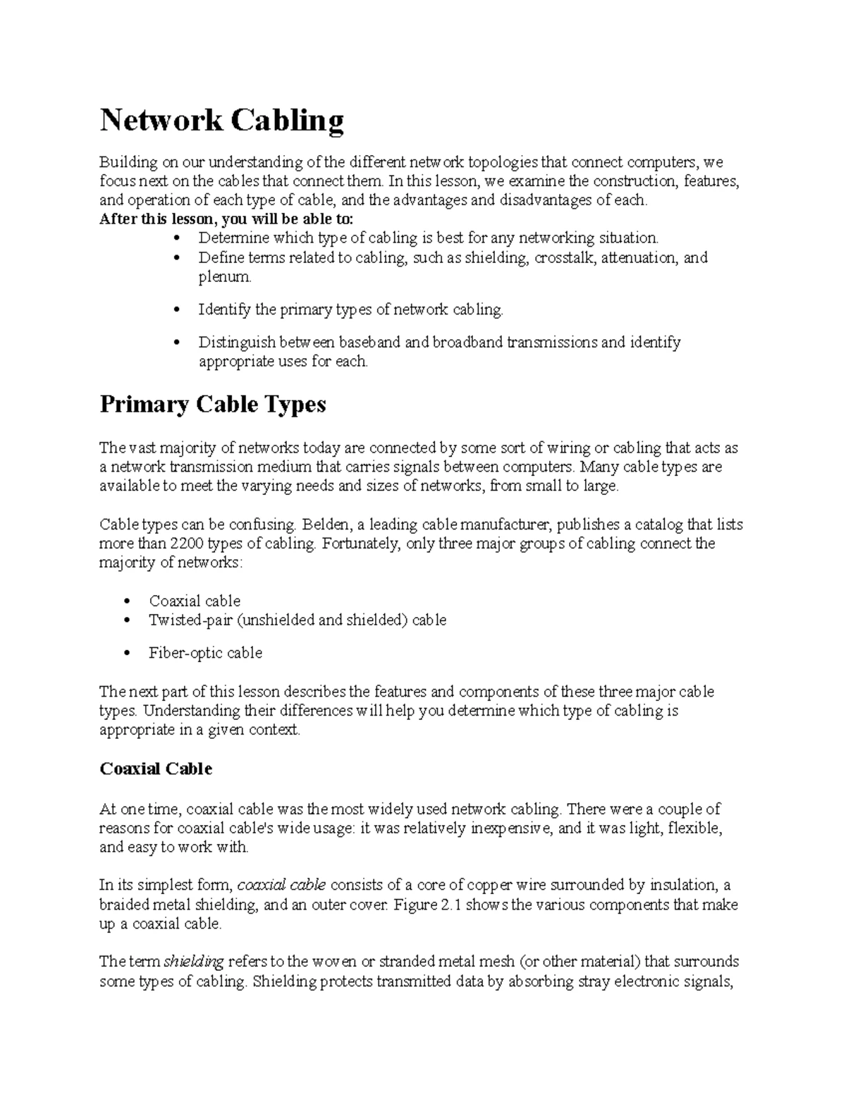 Network Cabling Notes - Network Cabling Building on our understanding ...