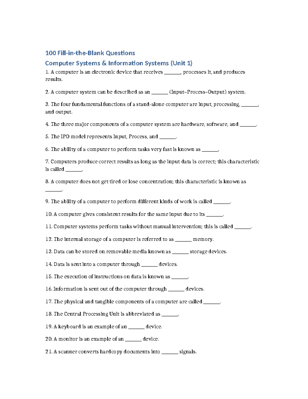 100 Fill-in-the-Blank Questions for Computer Systems (Unit 1) - Studocu