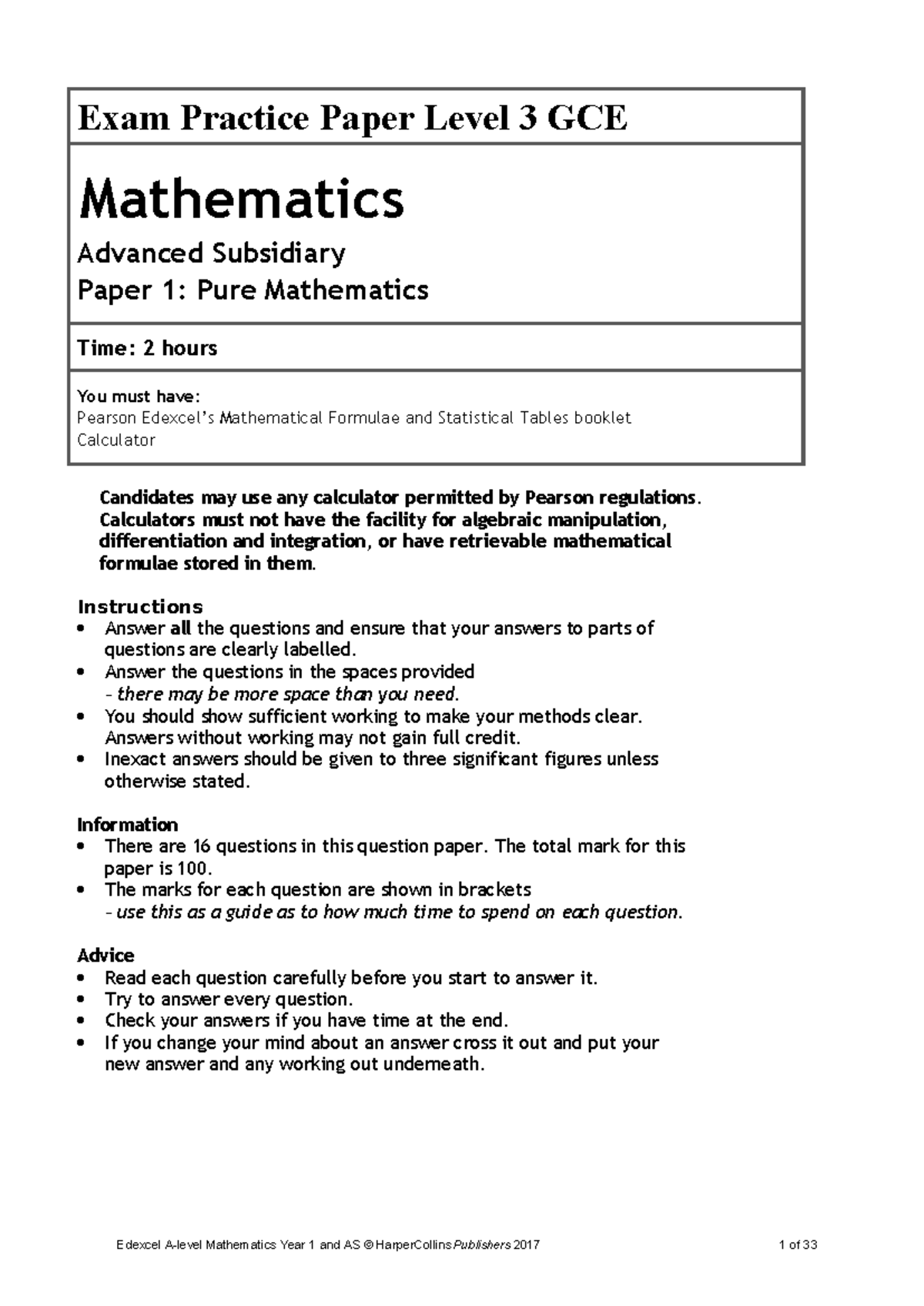 Edexcel GCE Mathematics AS Level 3 Exam Practice Paper 1: Pure Math ...