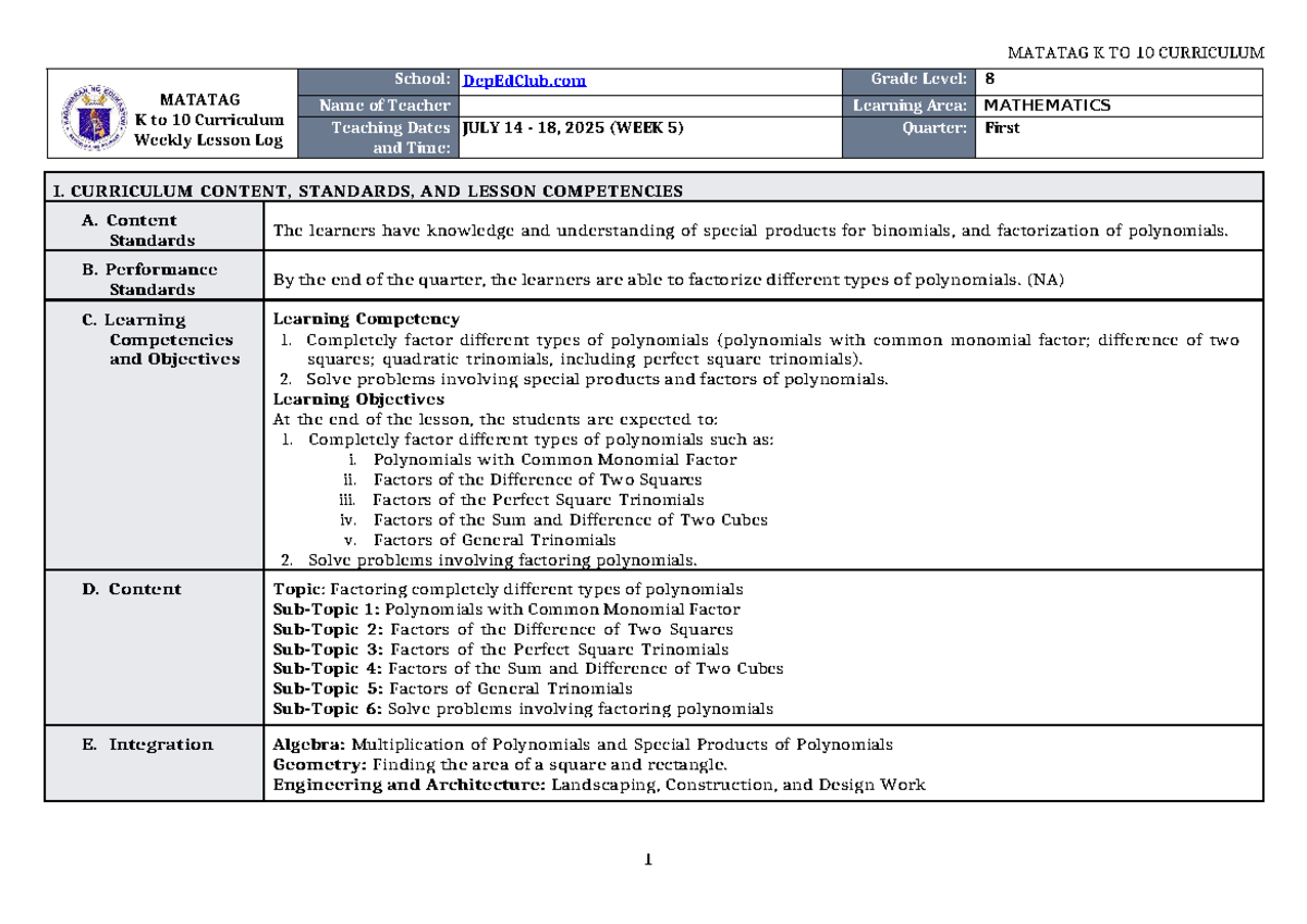 DLL Matatag Mathematics 8 Q1 Week 5: Factoring Polynomials - Studocu