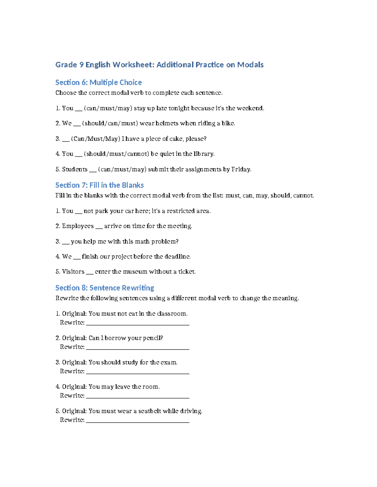 Grade 9 English: Additional Modals Practice Worksheet - Studocu