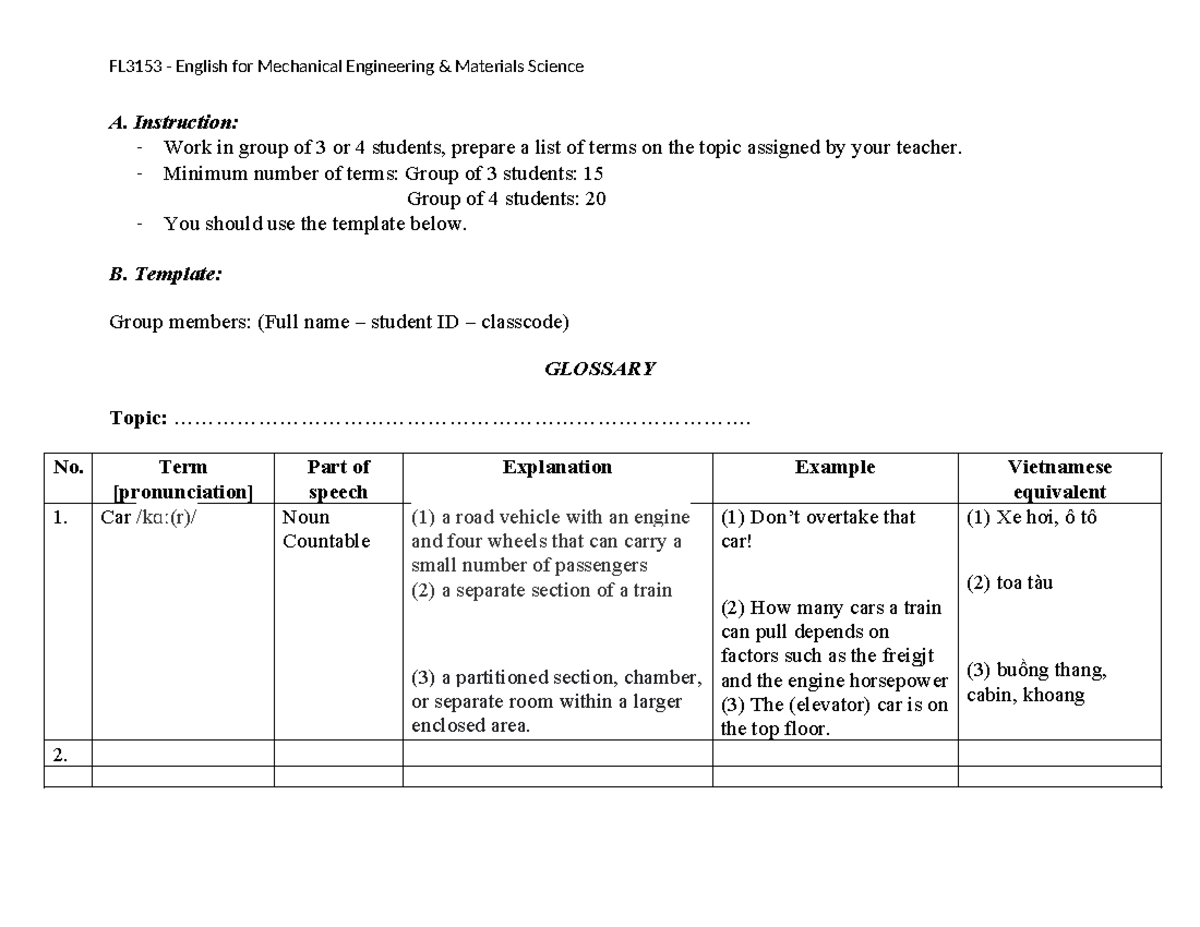 FL3153 Glossary Template for Mechanical Engineering Terms - Studocu