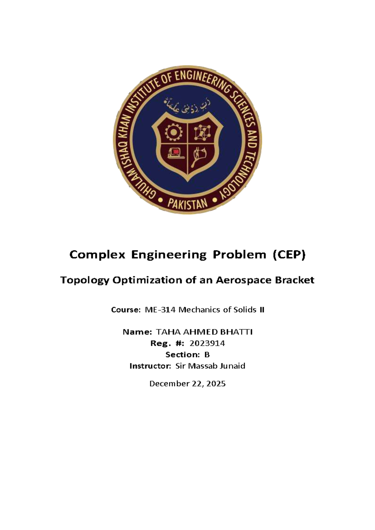 CEP: Topology Optimization of Aerospace Bracket - Mechanics of Solids ...