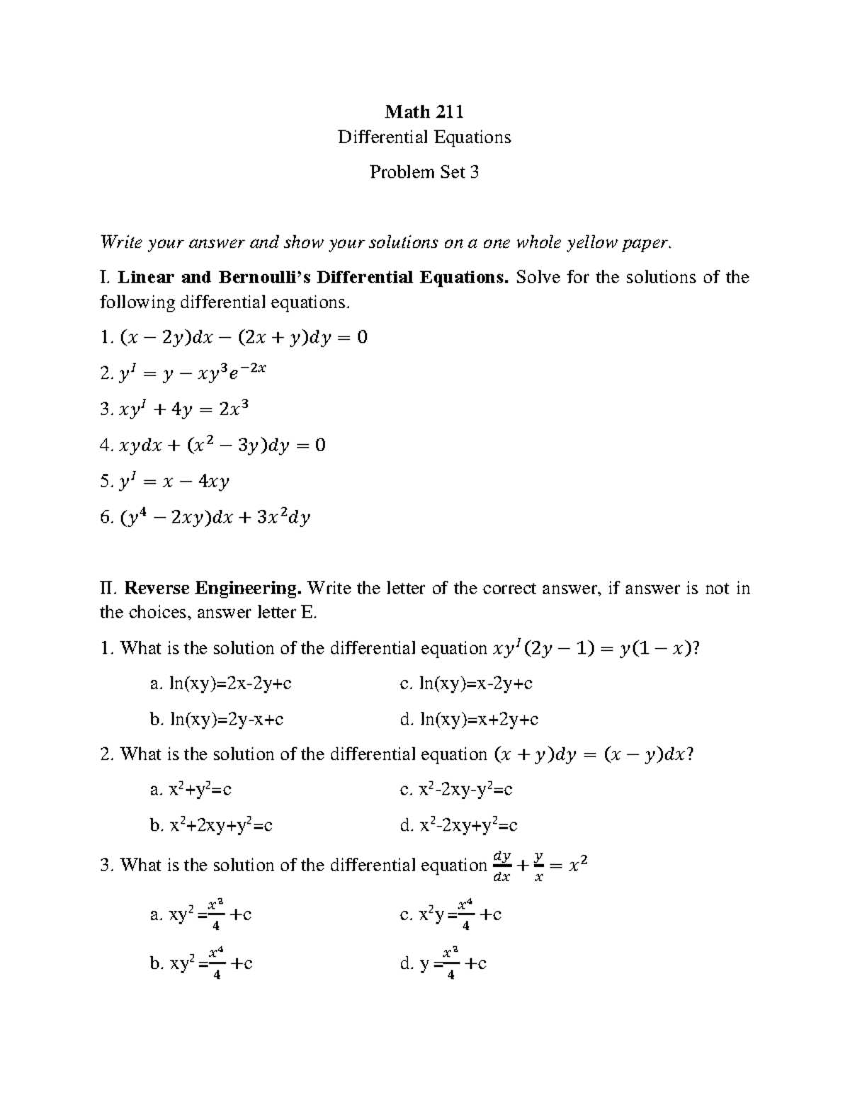 Math211 Problem Set 3 - Prob set DE - Math 211 Differential Equations Problem Set 3 Write your ...