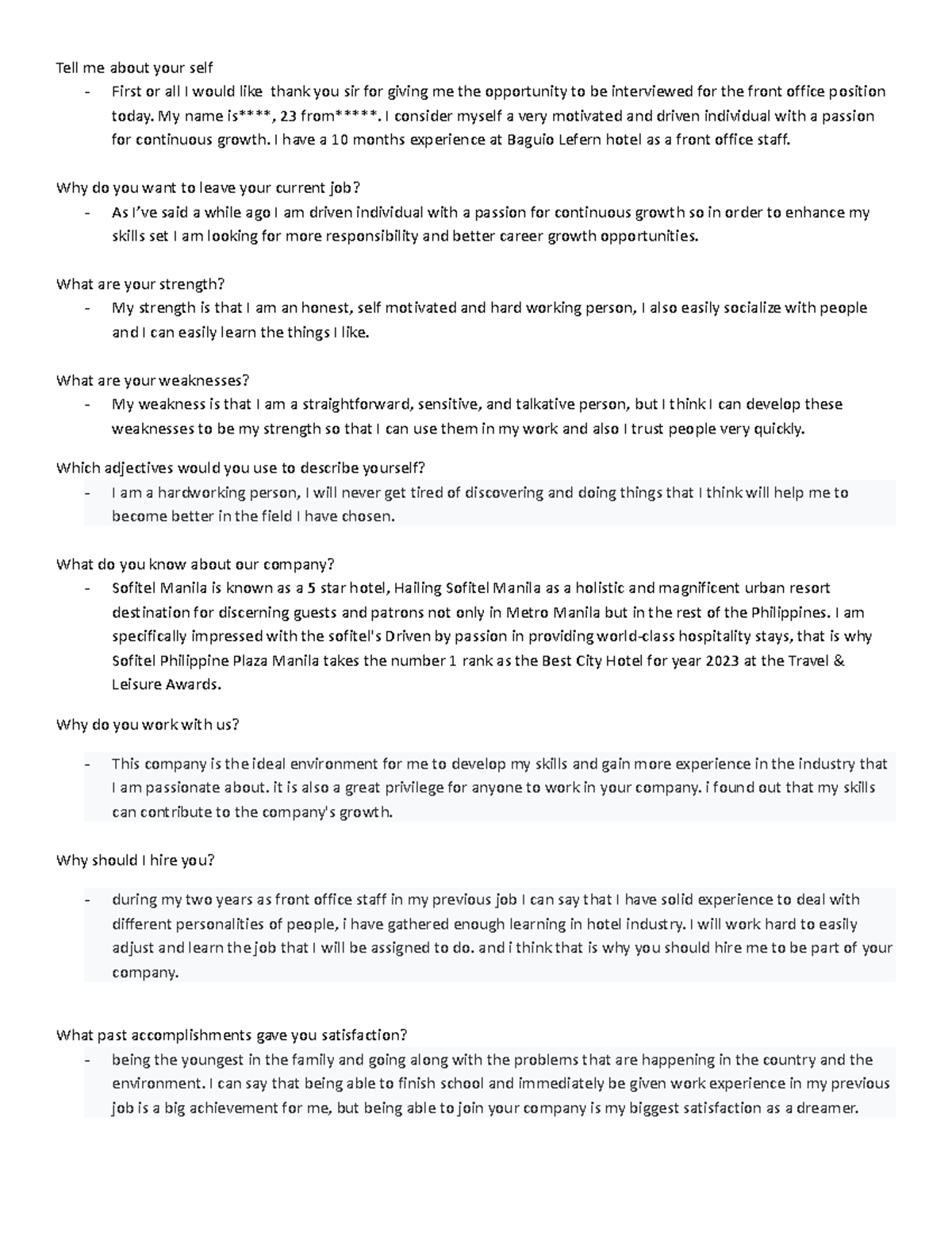 Interview Questions & Sample Answers for Front Office Position - Studocu