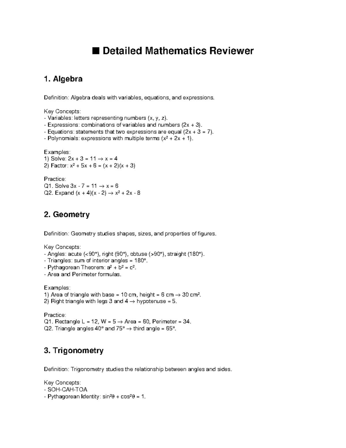 Math Reviewer: Detailed Algebra, Geometry & Trigonometry Notes - Studocu