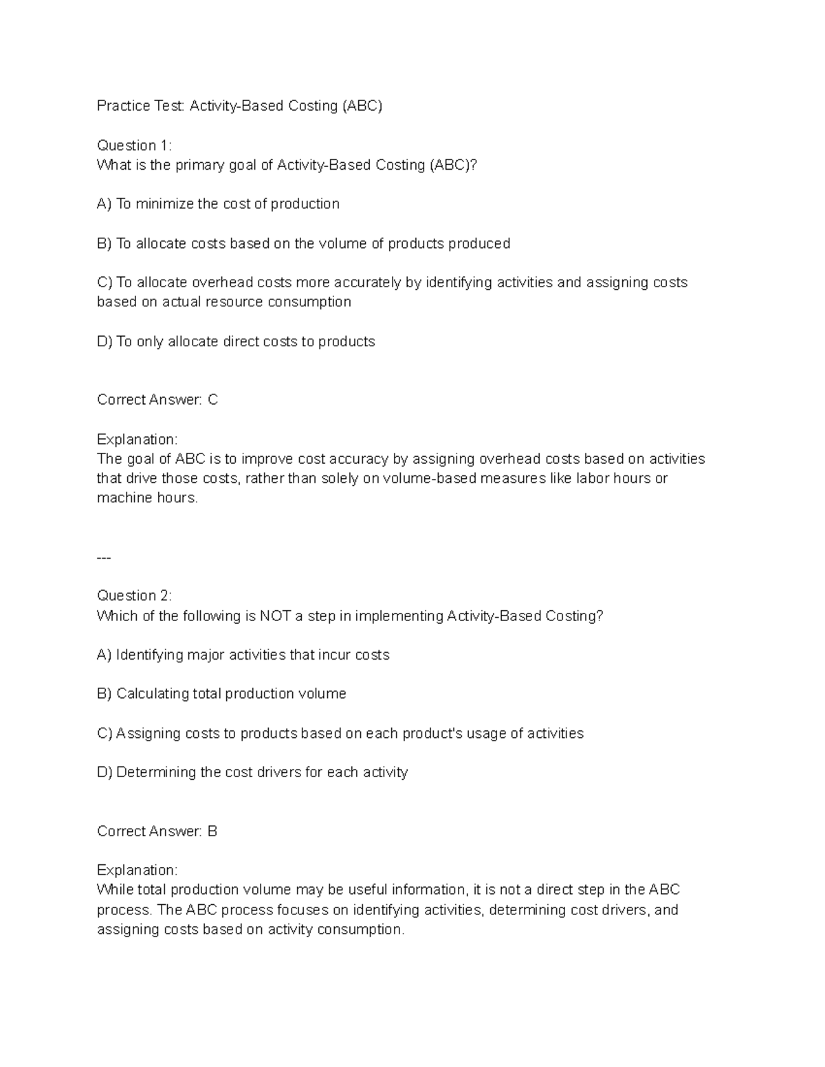 Practice Test- Activity-Based Costing (ABC) - Practice Test: Activity ...