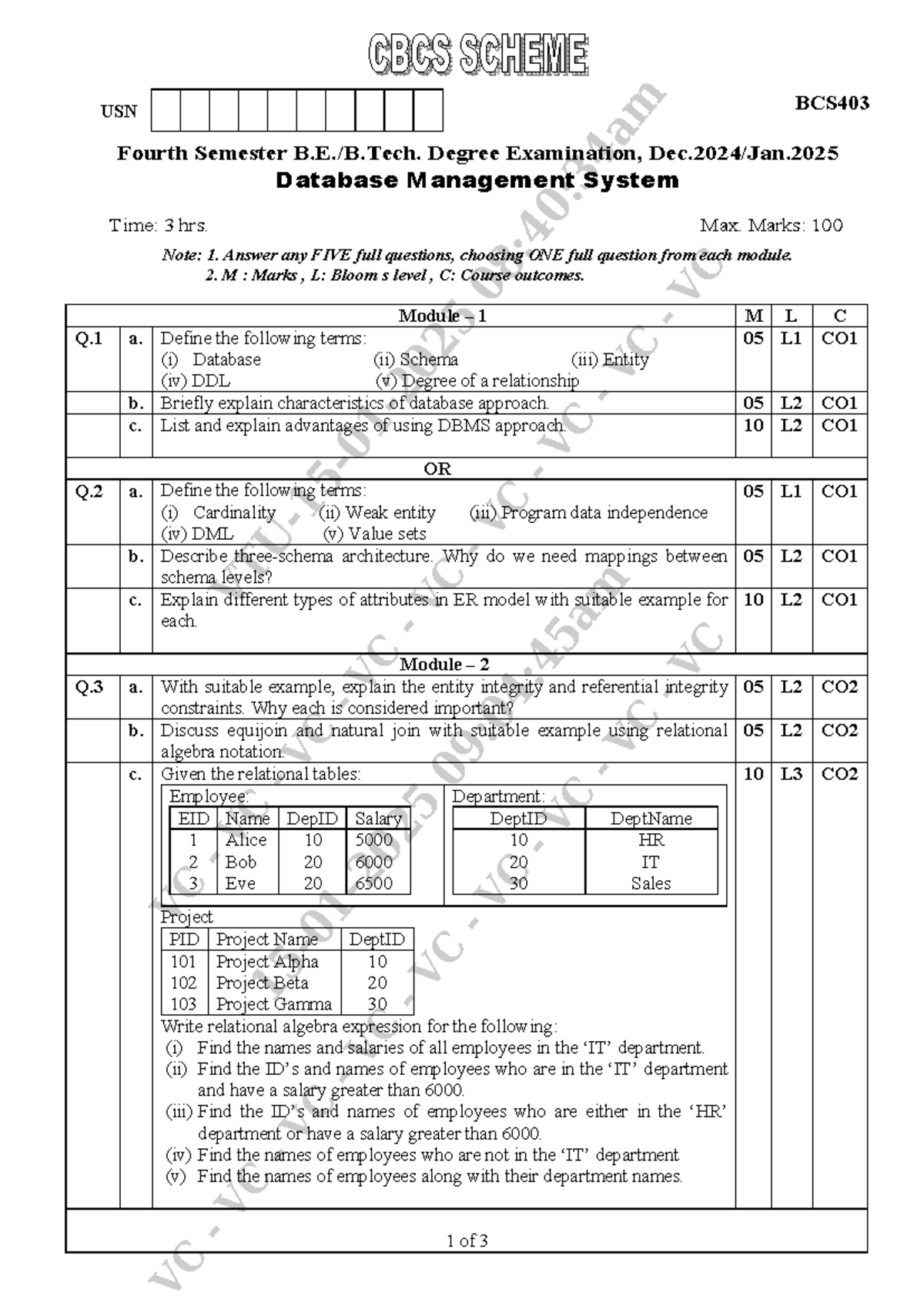 BCS403 Fourth Semester DBMS Exam Questions - January 2025 PYQ - Studocu