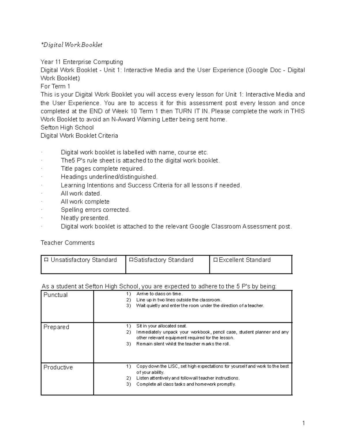 Unit 1 Digital Work Booklet: Interactive Media & User Experience - Term ...