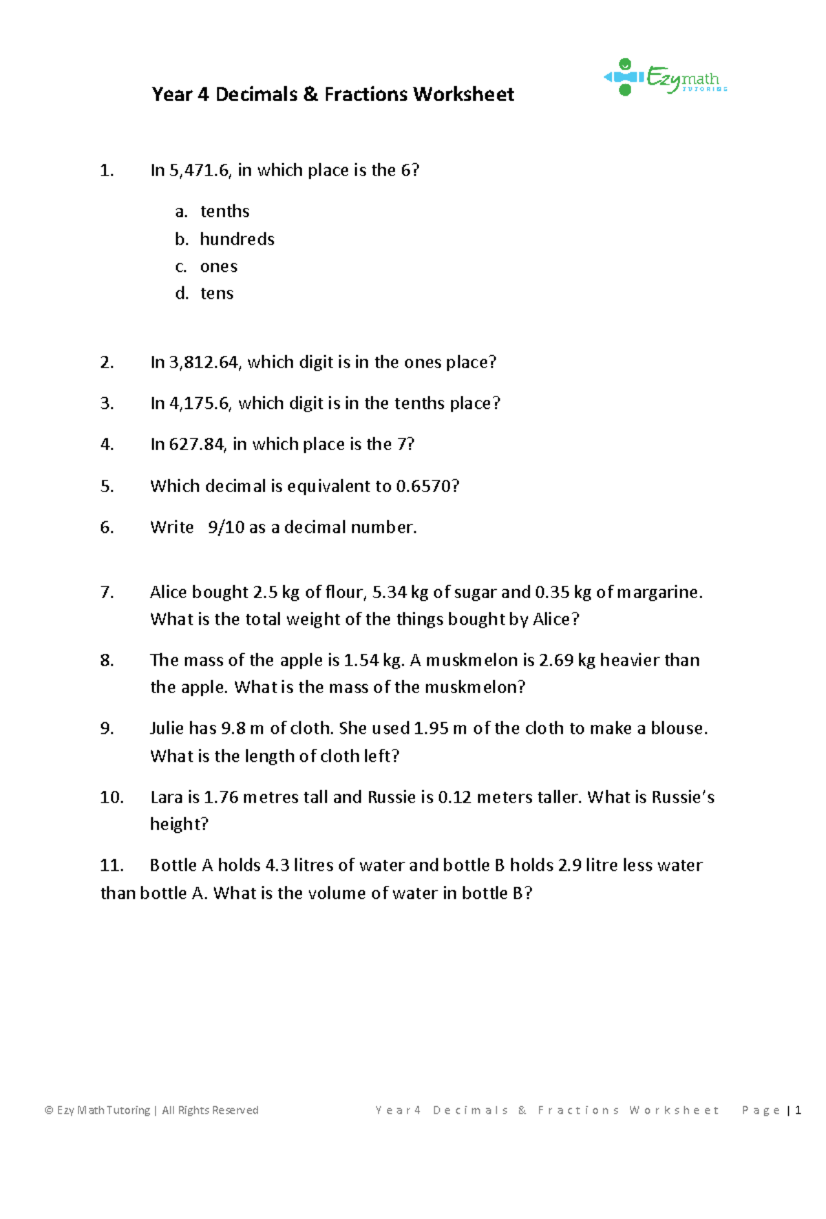 Year 4 Decimals and Fractions Worksheet - Year 4 Decimals & Fractions ...