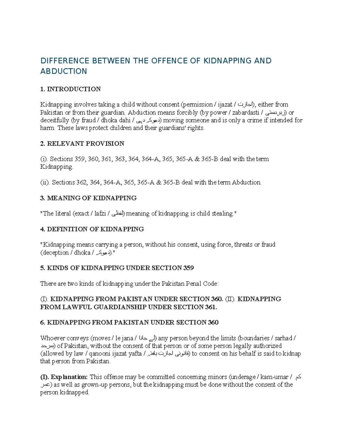 Kidnapping vs. Abduction in Pakistan Penal Code (PPC) - Studocu