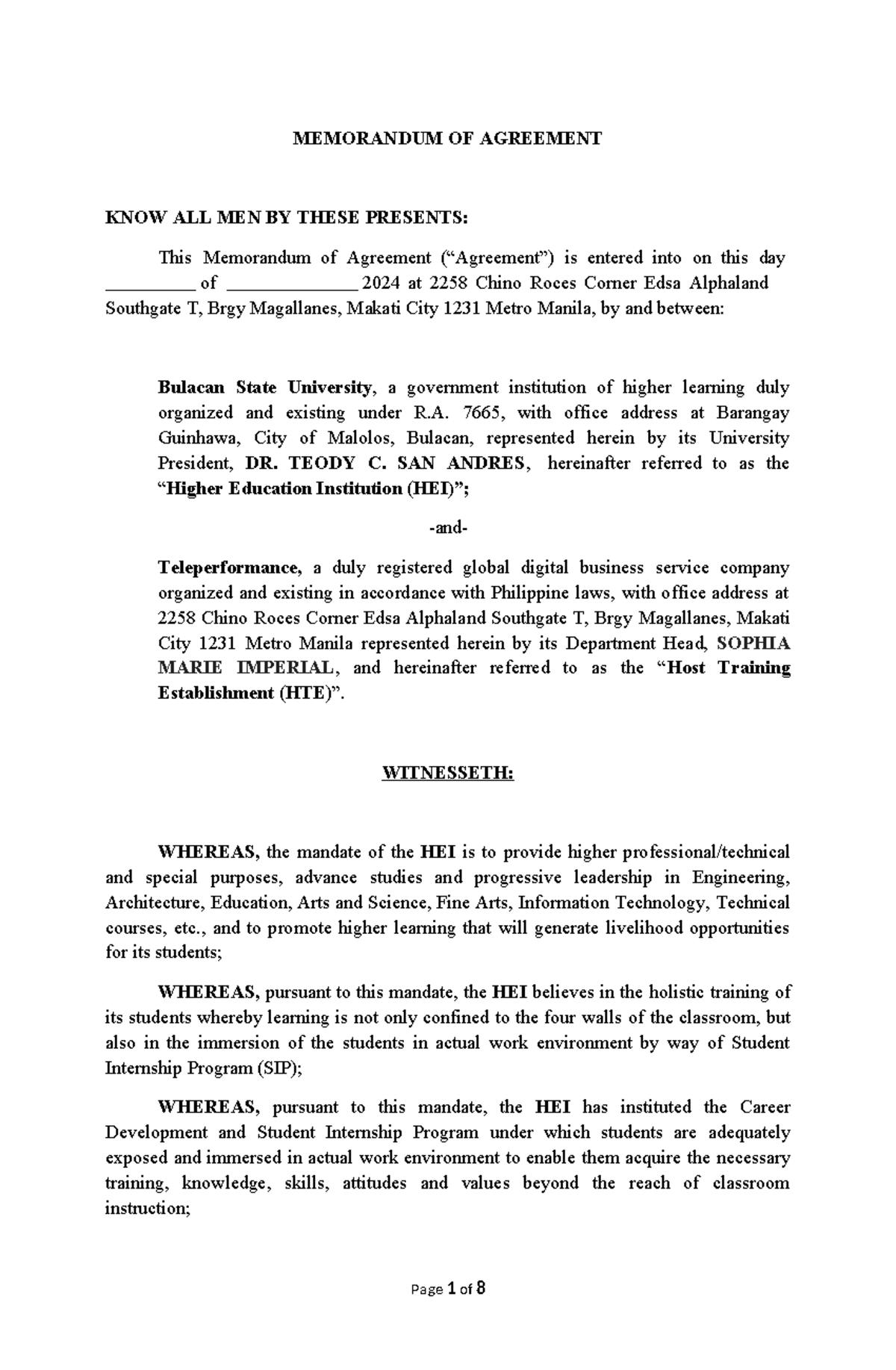 Memorandum of Agreement for Student Internship Program (SIP) 2024-2027 ...