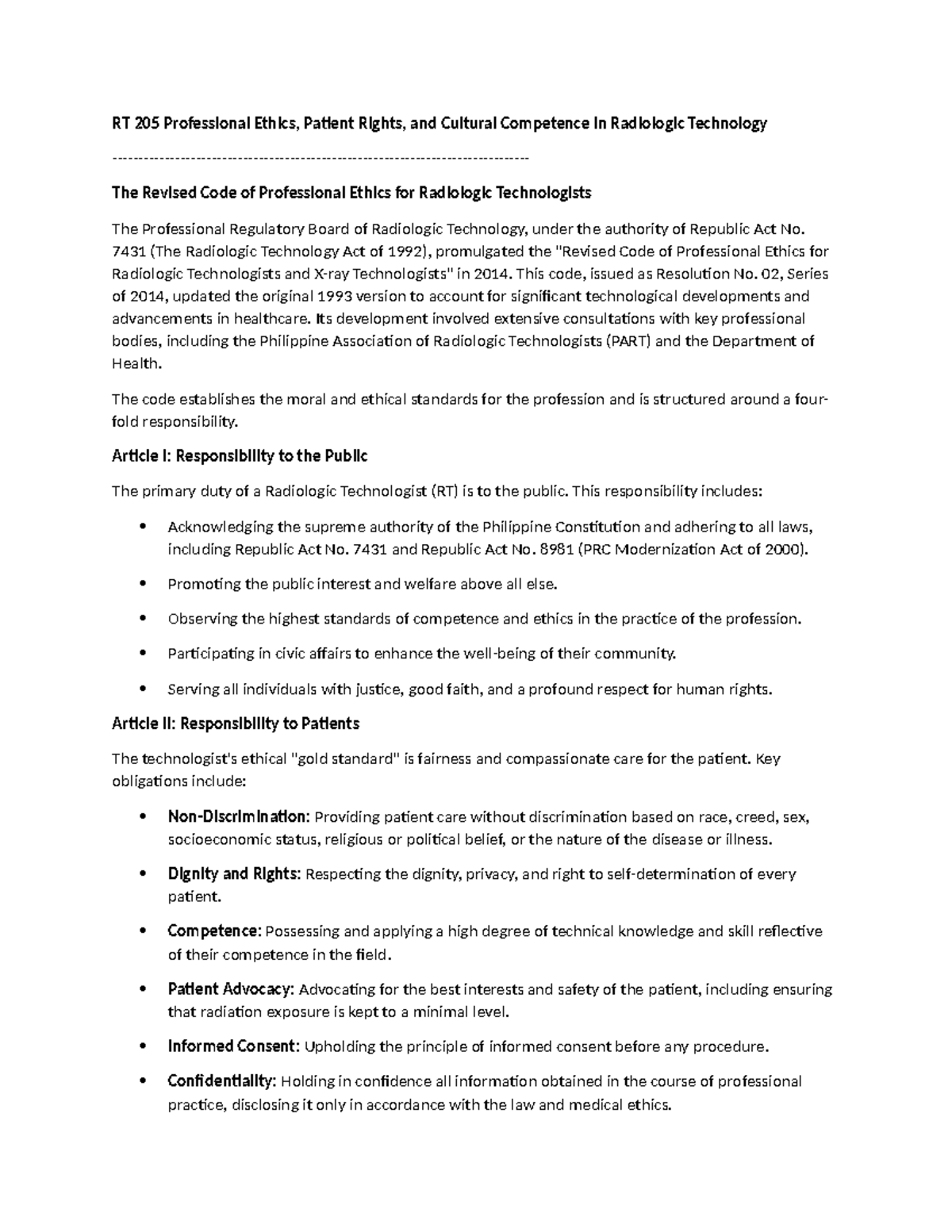 RT 205 Professional Ethics: Patient Rights & Cultural Competence in ...