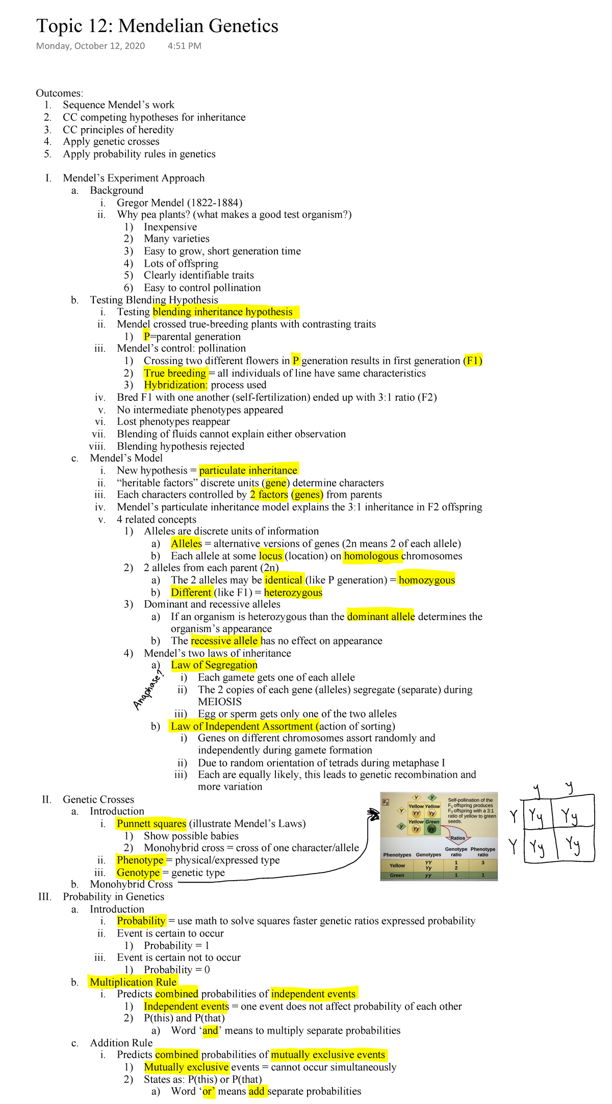 Topic 12 Mendelian Genetics - Outcomes: 1. Sequence Mendel’s work 2. CC ...