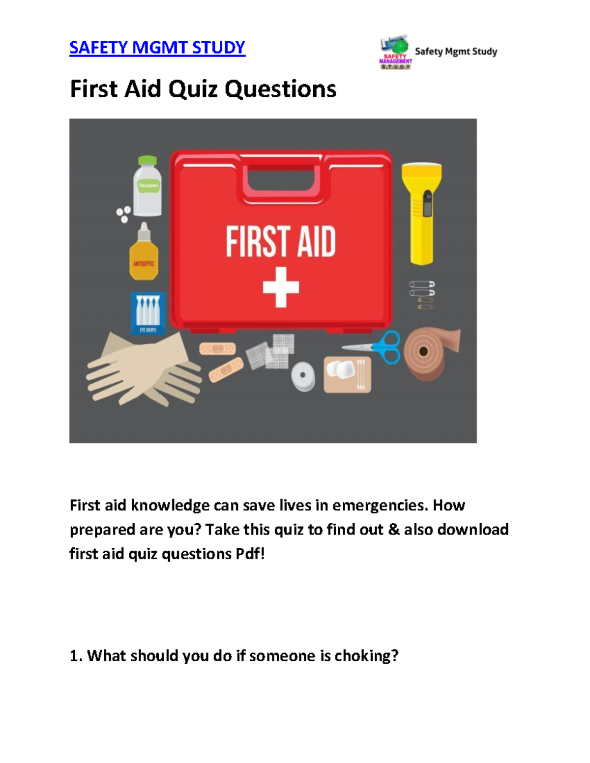 SAFETY MGMT STUDY: First Aid Quiz Questions and Answers - Studocu