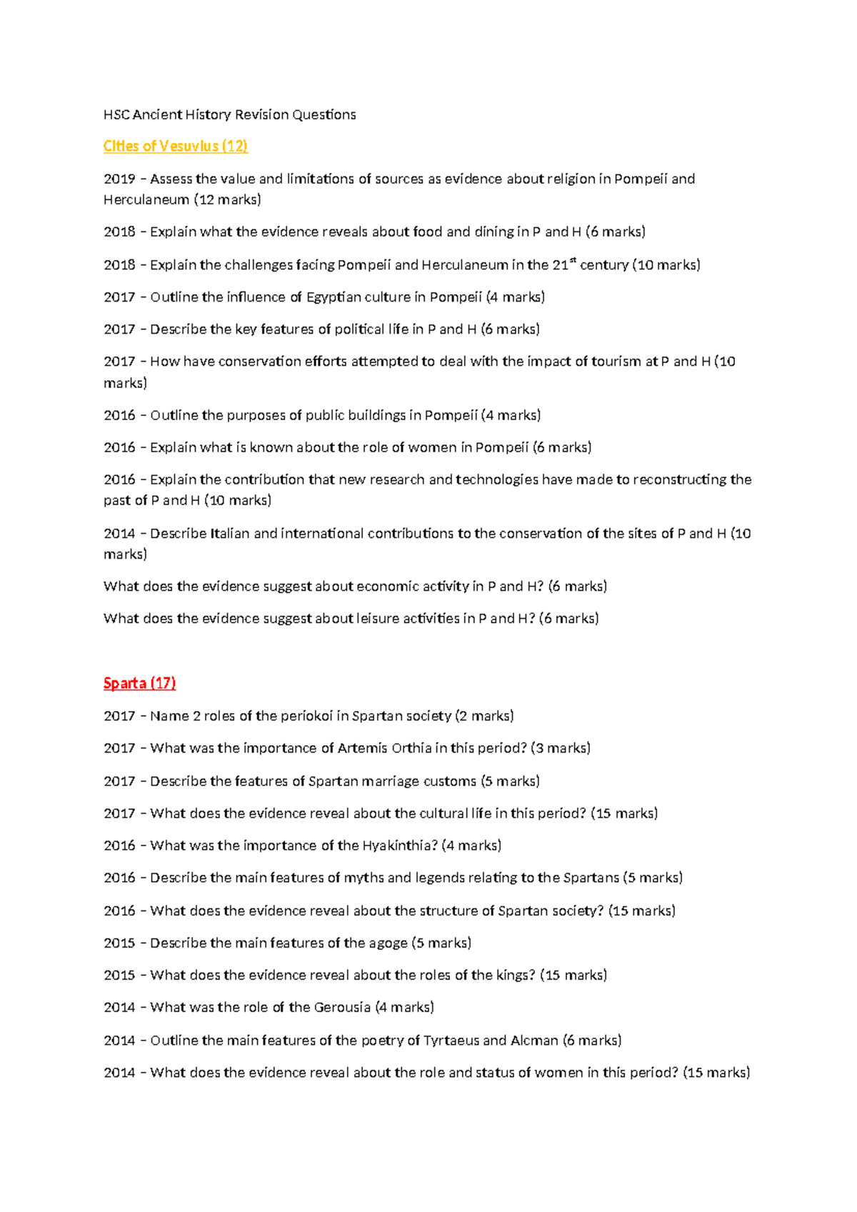 HSC Ancient History Revision: Key Questions by Topic - Studocu