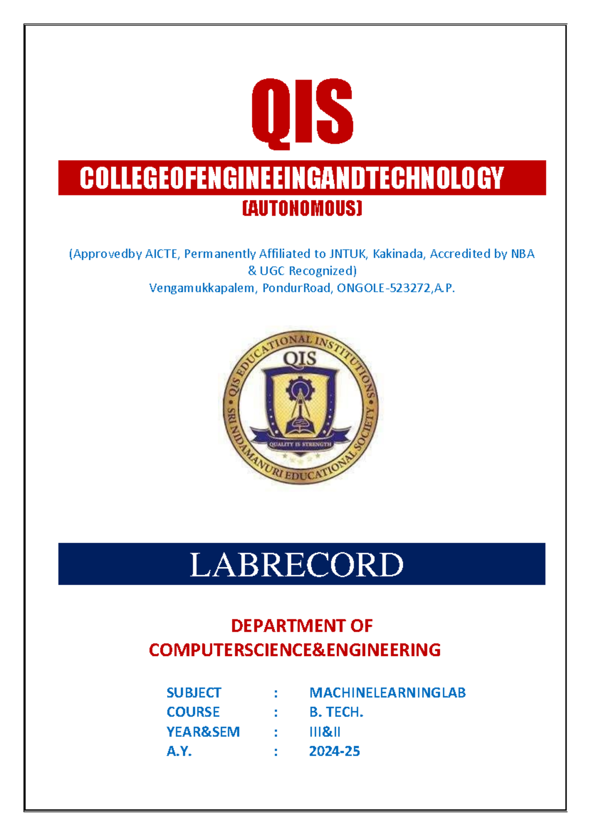 Machine Learning Lab Manual - B. Tech III/II (2024-25) - Studocu