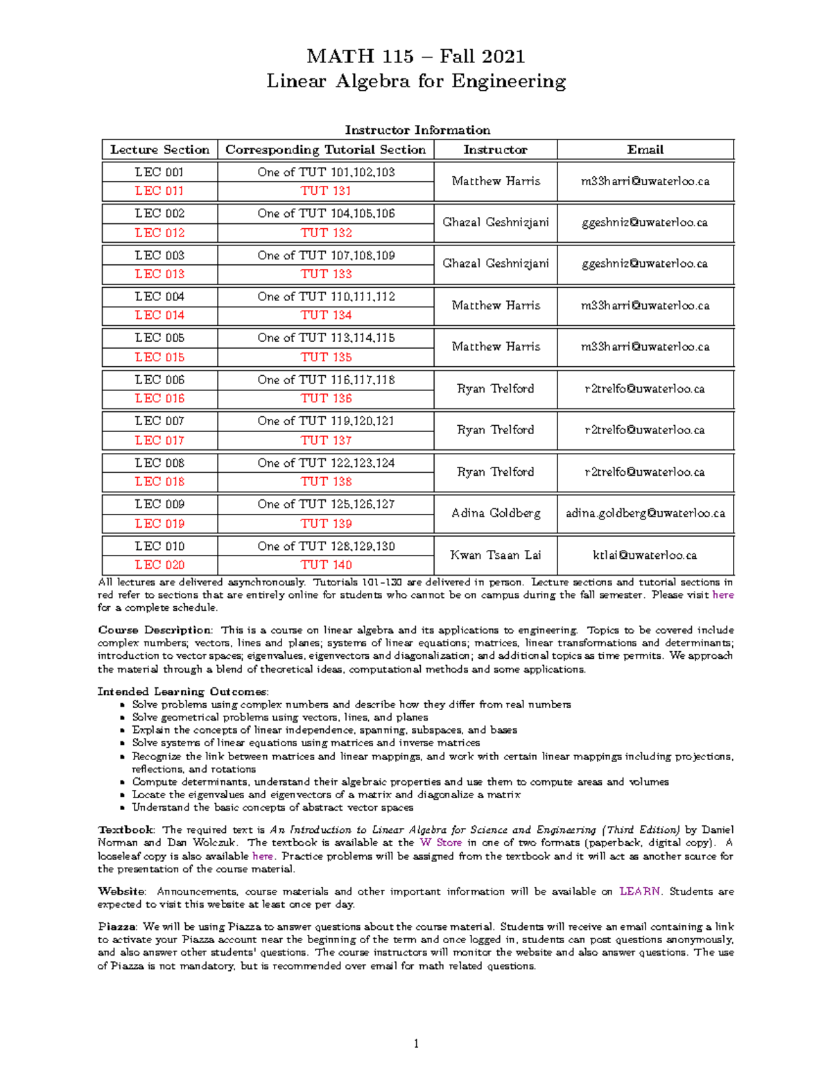 MATH 115 F21 Linear Algebra Course Syllabus and Instructor Info - Studocu