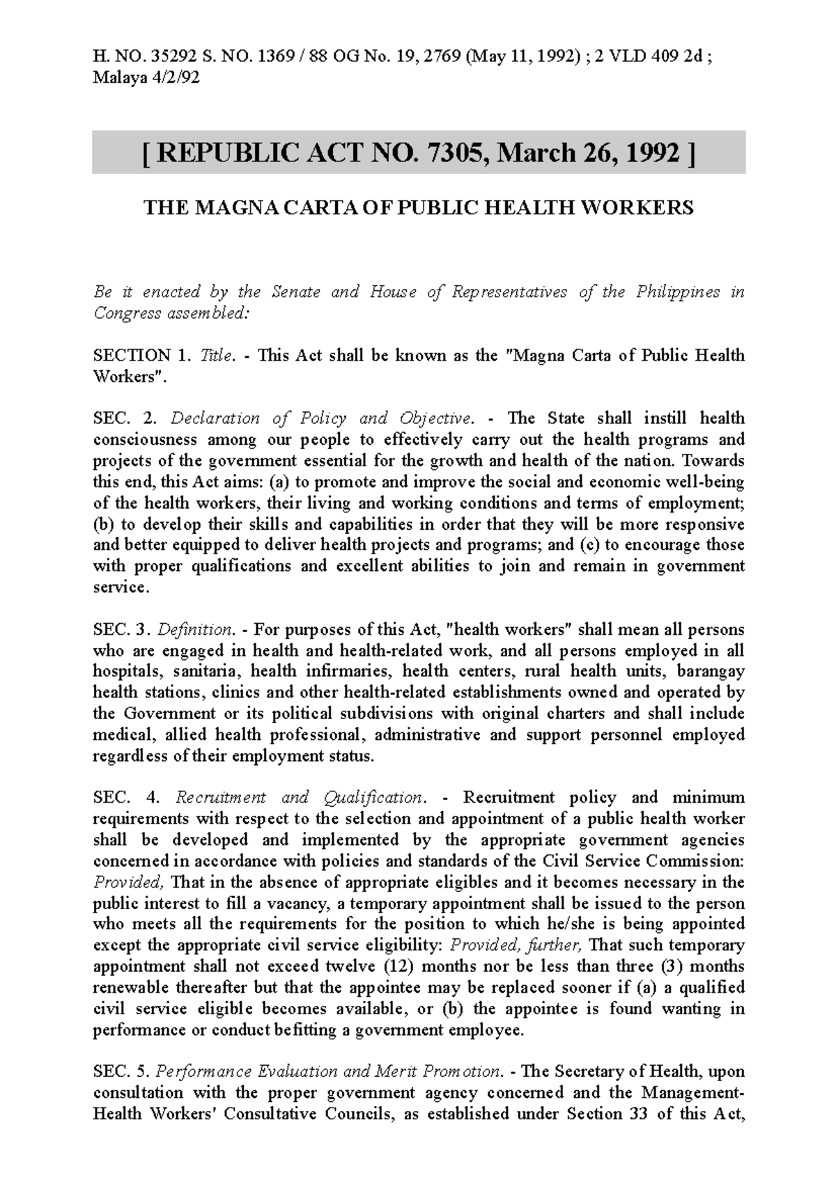 PH Congress RA 7305: Magna Carta of Public Health Workers (1992) - Studocu