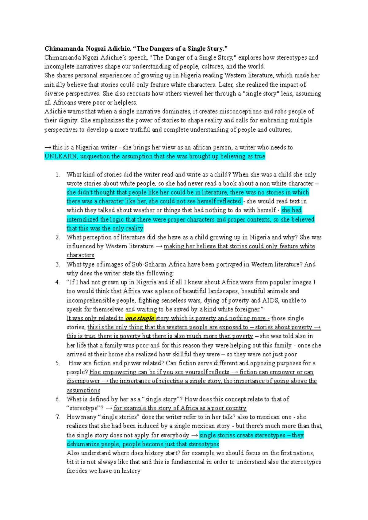 Chimamanda Ngozi Adichie: The Dangers of a Single Story - Studocu