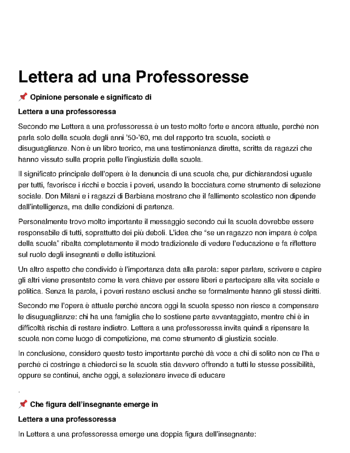 Lettera a una Professoressa: Riflessioni e Significato Sociale - Studocu