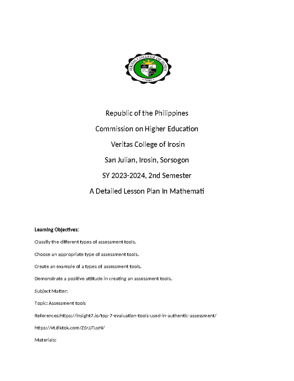 Detailed Lesson Plan on Assessment Tools (BSed 3 Math) - Studocu